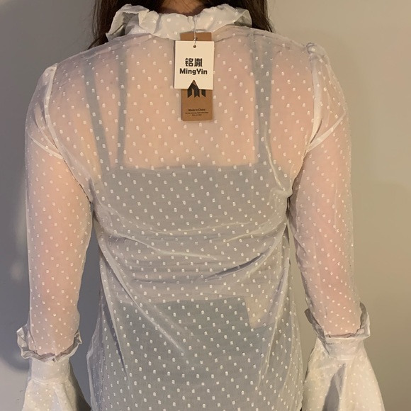 Ming Yin | Tops | Sheer White Polka Dot Button Down Blouse | Poshmark